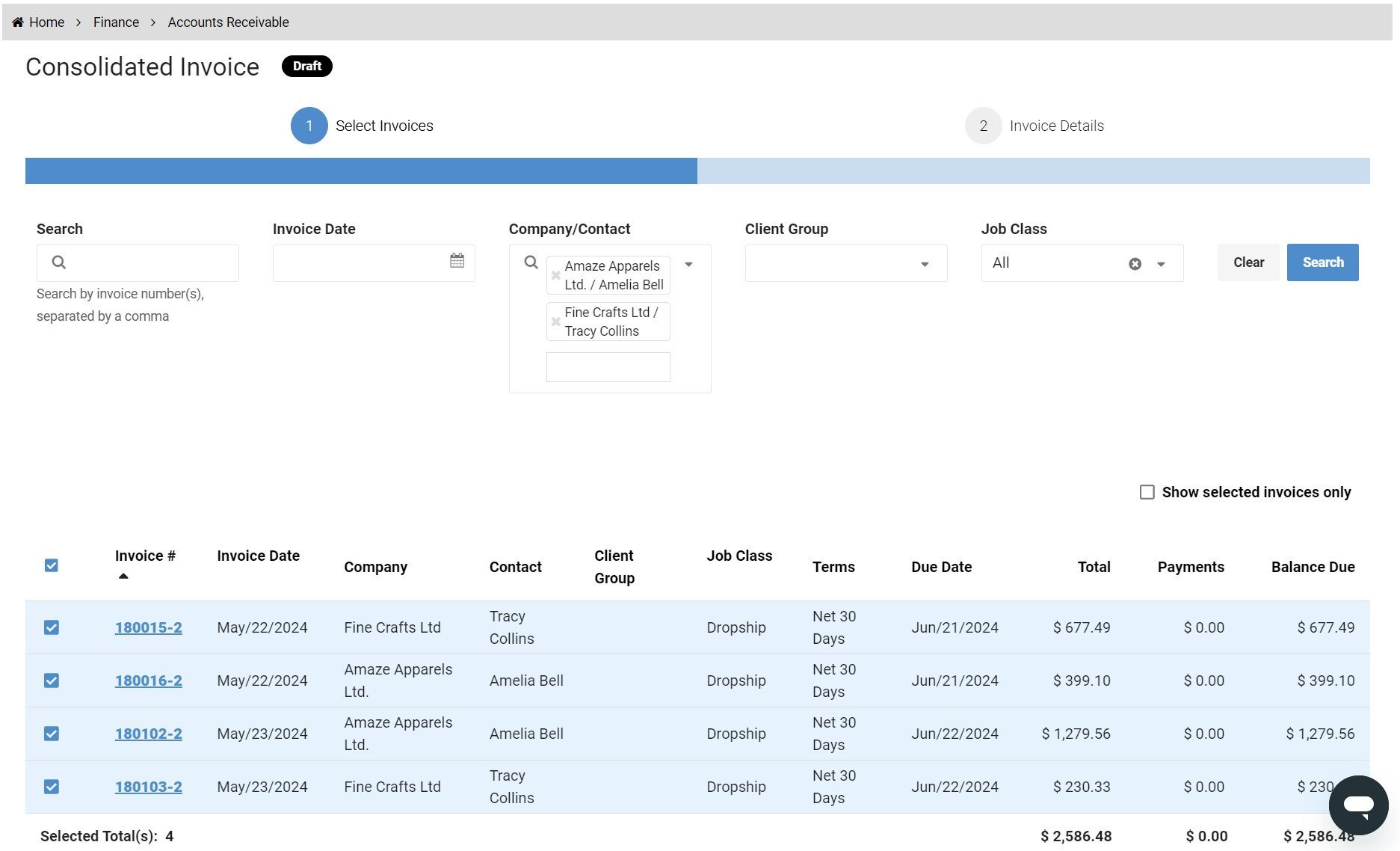 Syncore Consolidated Invoices